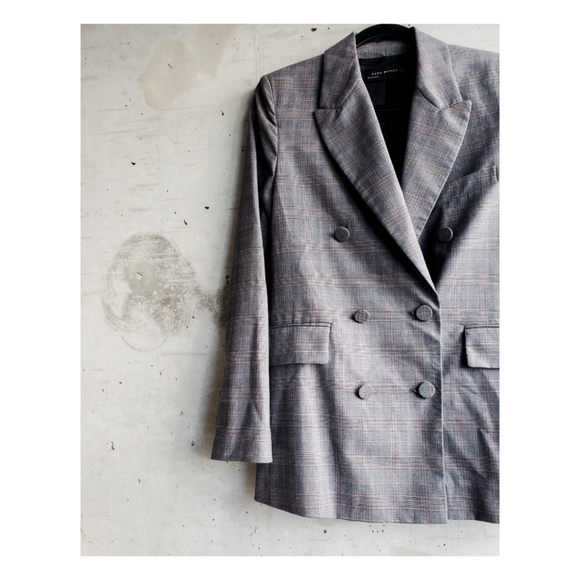 Zara | Jackets & Coats | Zara Double Breasted Oversized Blazer Gray Check Print Xs | Poshmark